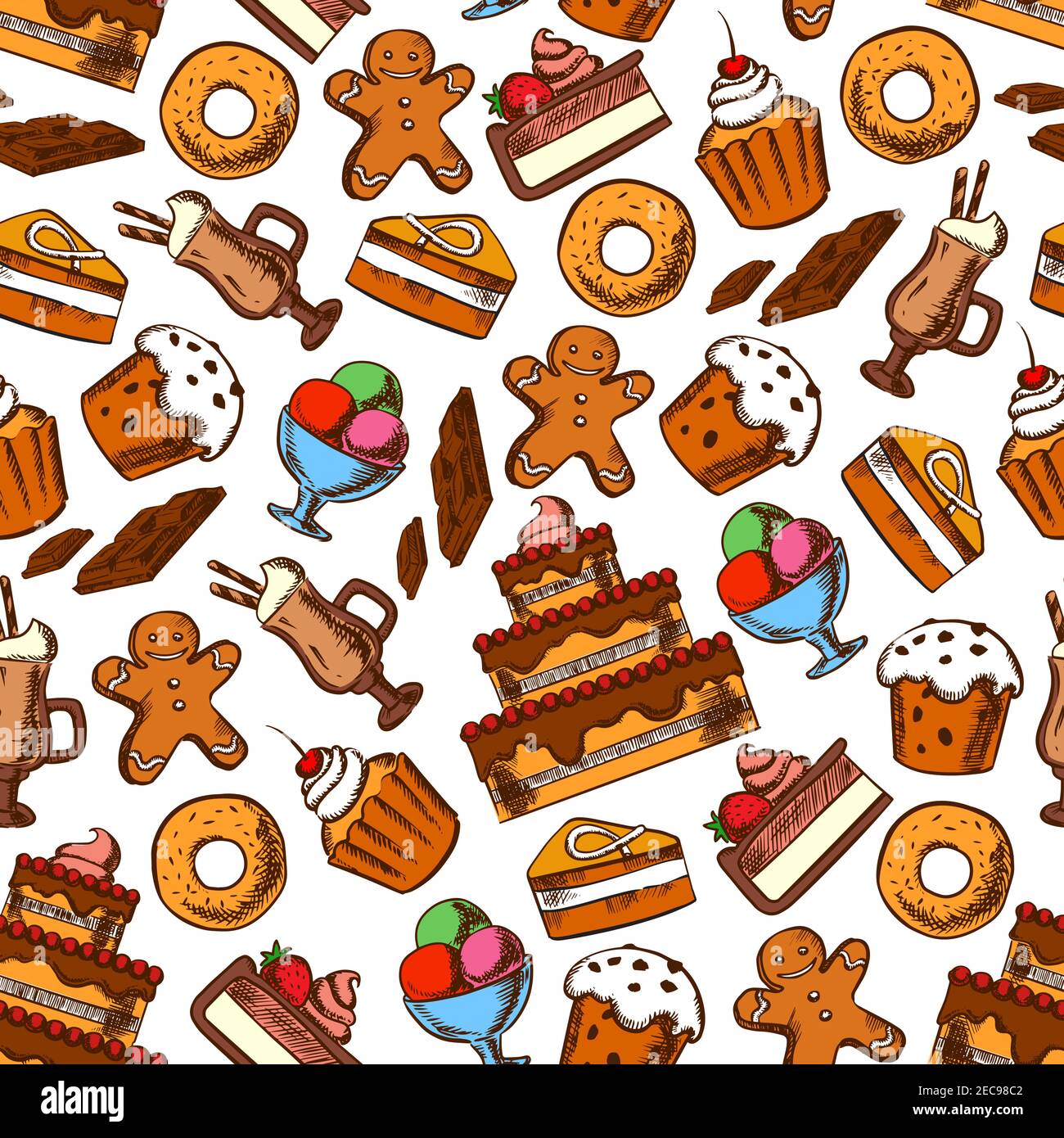 Cakes and desserts seamless pattern on white background with tiered ...