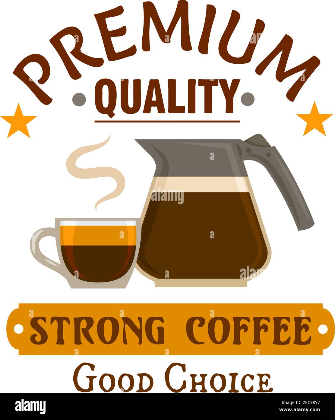 Coffee cup and glass coffee pot symbol, decorated by stars and headers ...