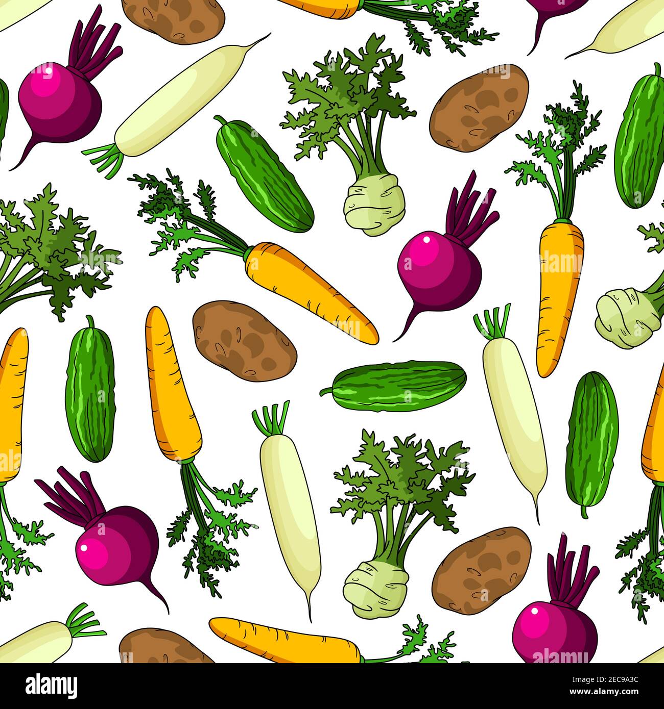 Vegetables seamless background. Vector pattern of farm cucumber, carrot ...