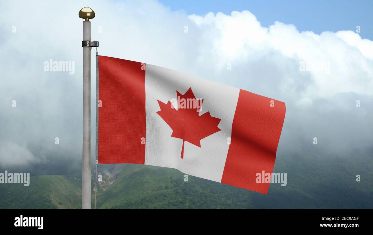3D illustration Canadian flag waving in wind at mountain. Canada banner ...