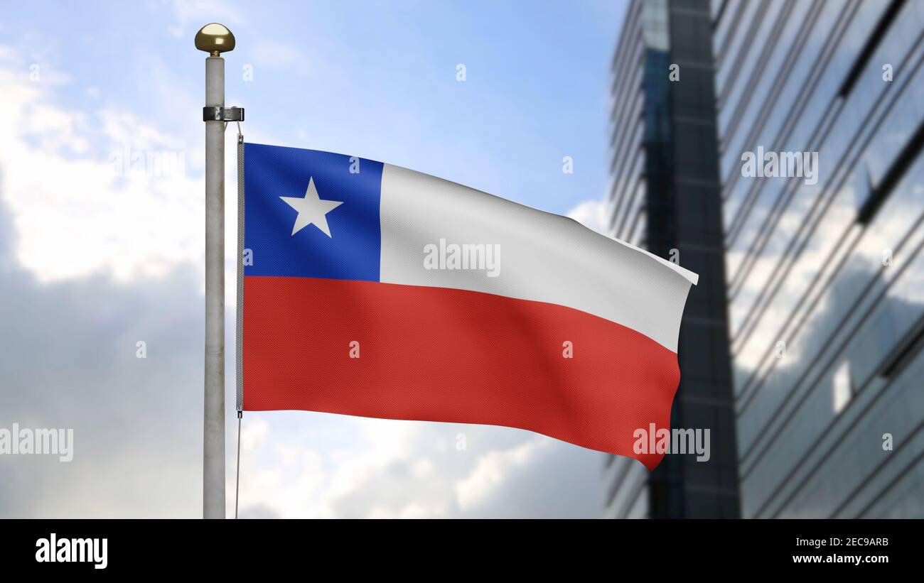 3D illustration Chilean flag waving in wind at modern city. Chile ...