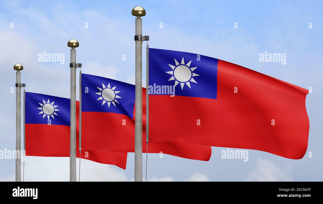3D illustration Taiwanese flag waving in wind. Close up of Taiwan ...