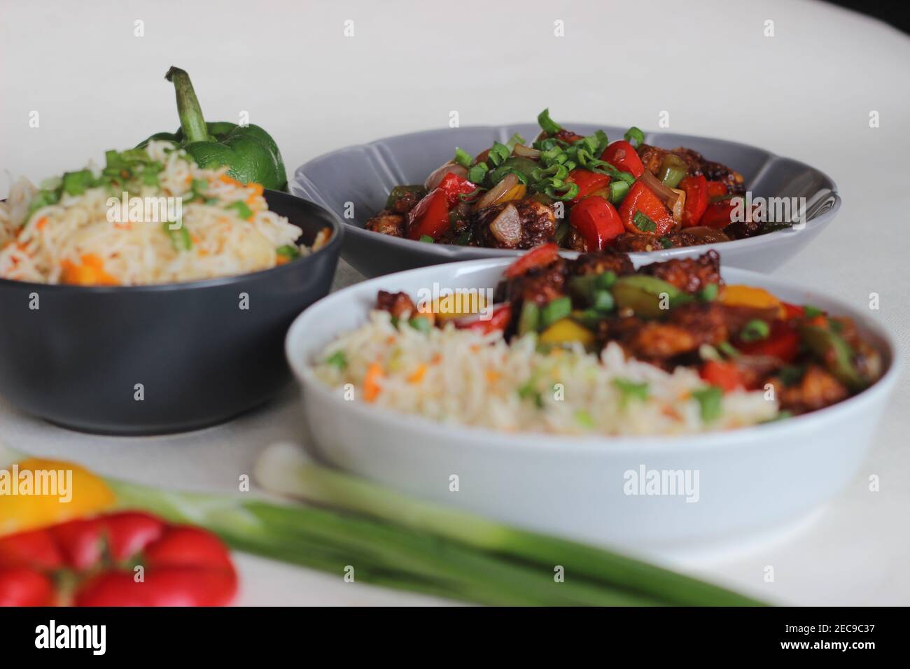 Vegetable Carrot Fried Rice with Indian spices served along with chilly ...