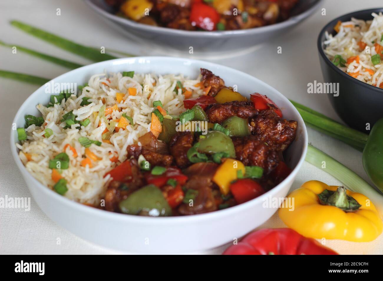 Vegetable Carrot Fried Rice with Indian spices served along with chilly ...