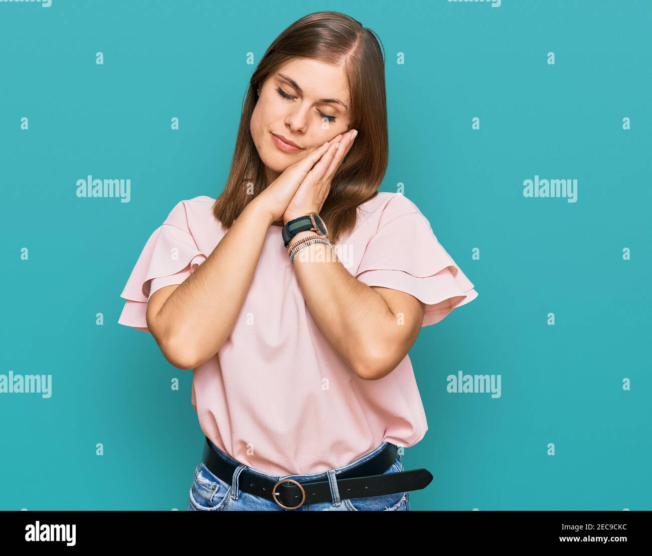Beautiful Caucasian Woman Wearing Casual Clothes Sleeping Tired