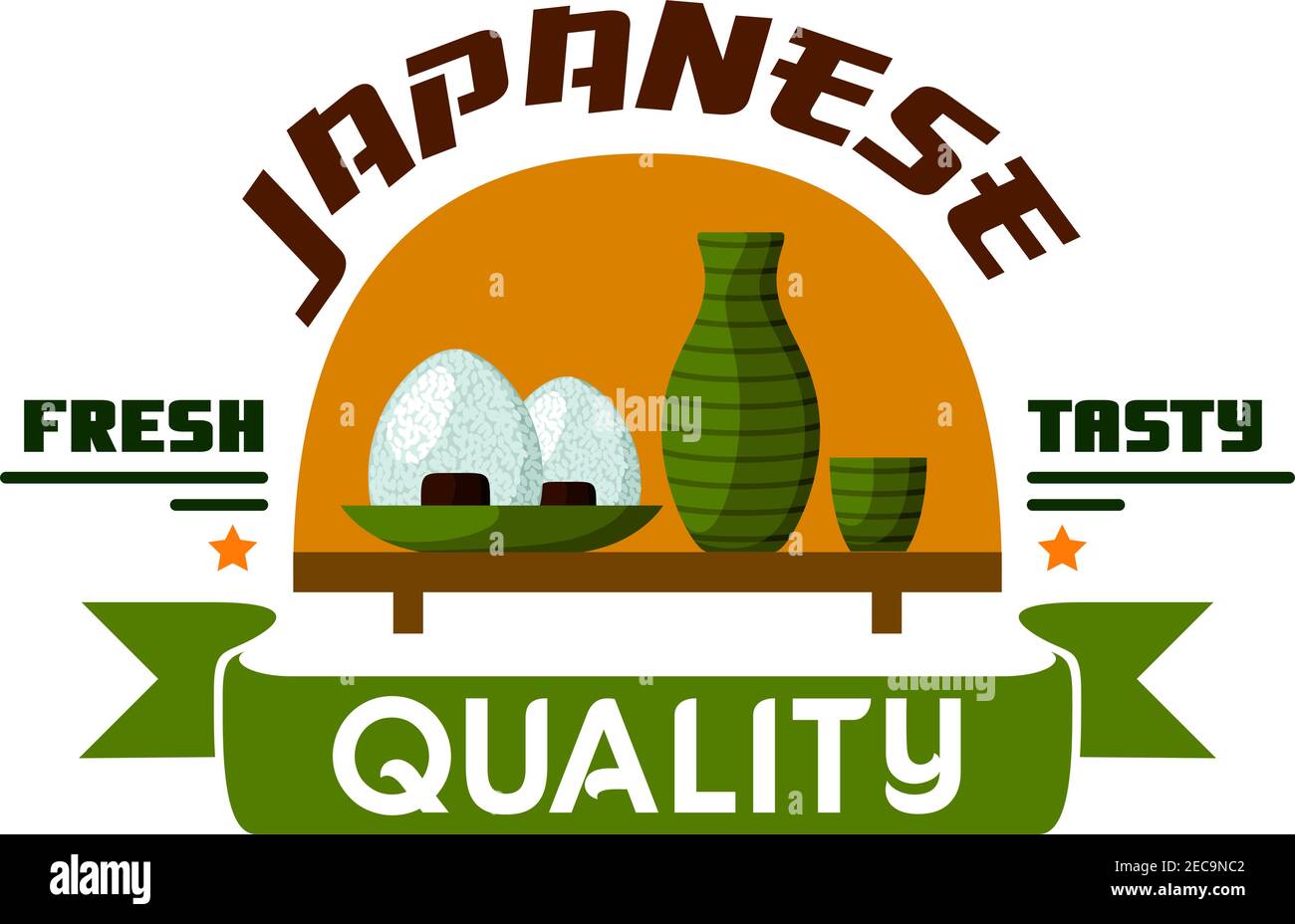 Japanese food restaurant icon. Bowls with sticky rice, sake pitcher and ...