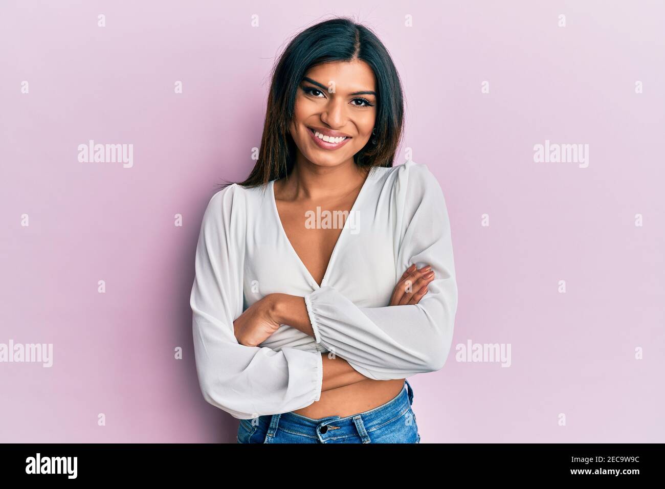 Young latin transsexual transgender woman wearing casual clothes happy ...