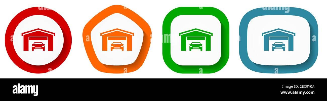 Car in a garage vector icon set, flat design buttons on white ...
