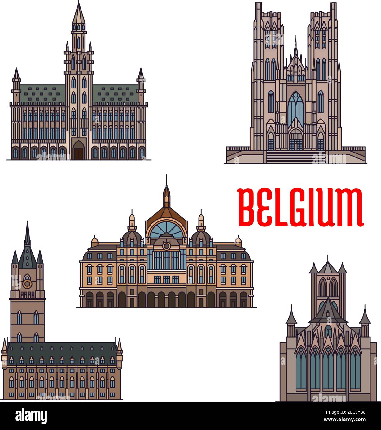 Famous historic buildings of Belgium. Vector detailed icons of Belfry ...