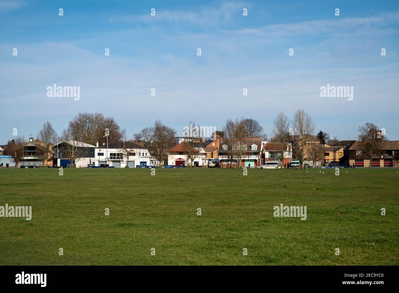 A view of Midsummer Common Cambridge UK with the boathouses in the ...