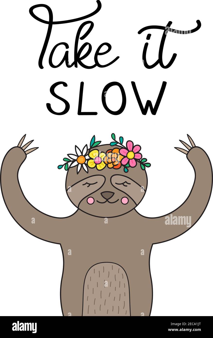 Take it slow, cute sloth vector illustration. Hand drawn outlined sloth ...