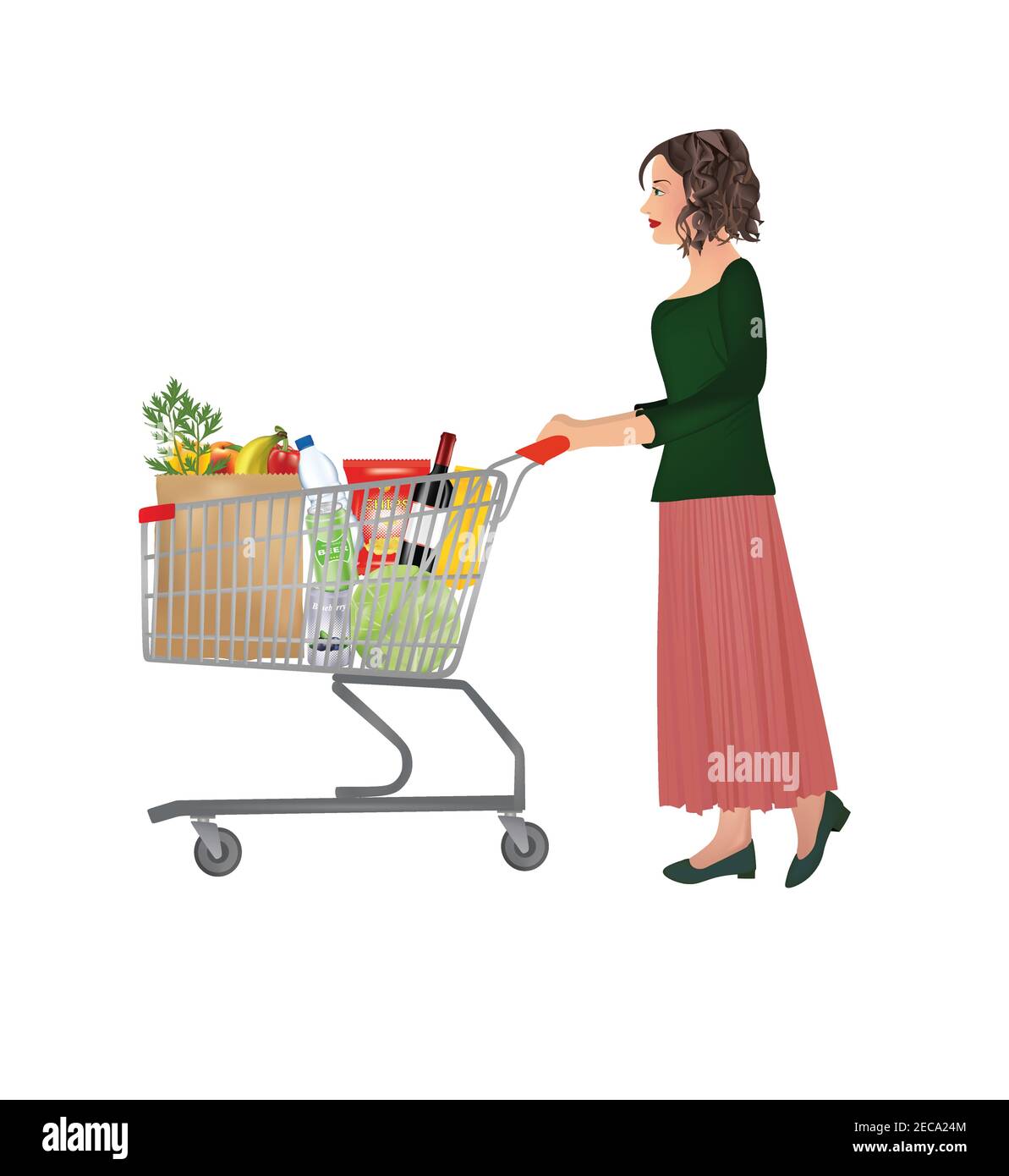 Woman pushing a full shopping cart , vector Stock Vector Image & Art ...