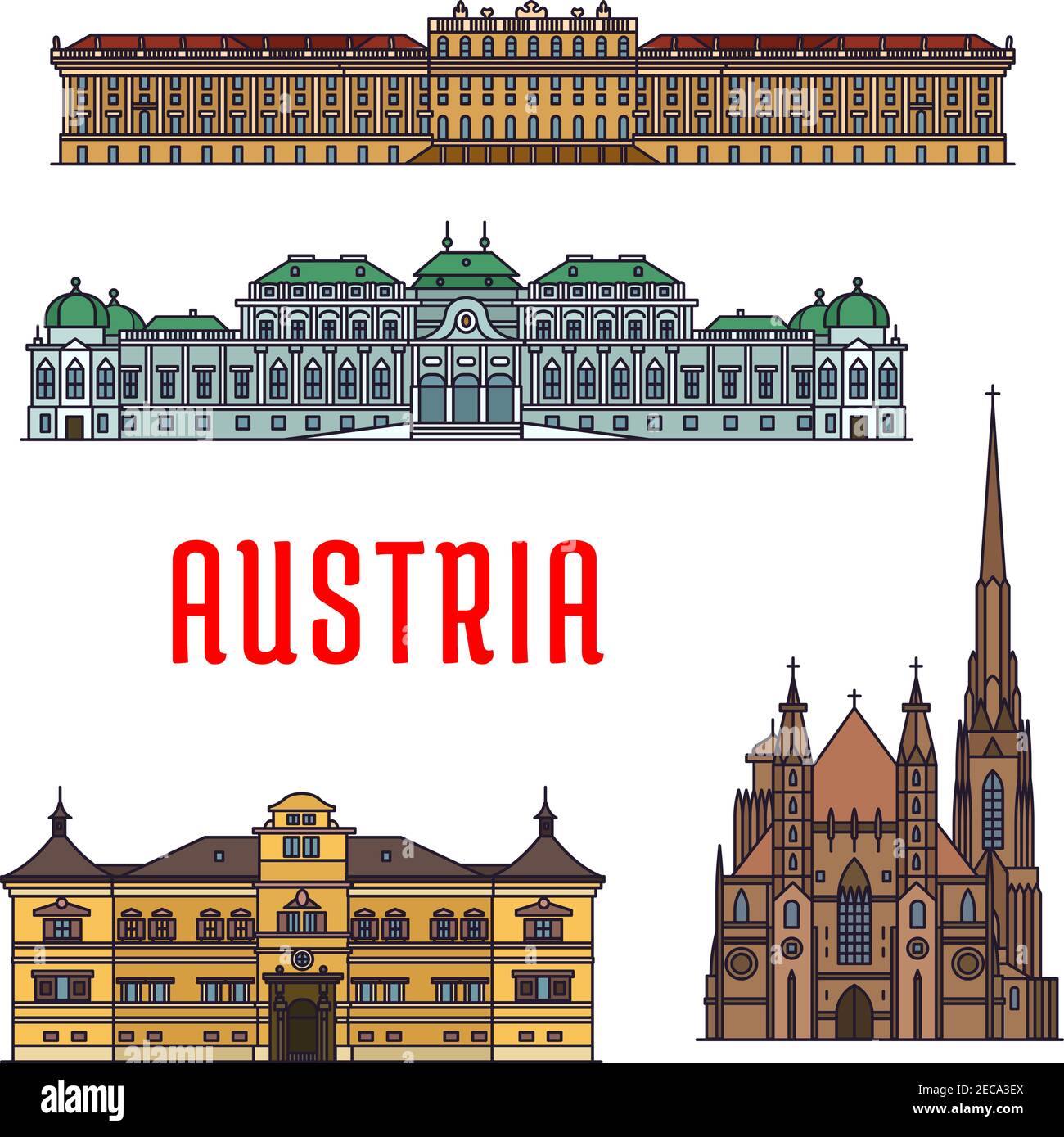 Historic buildings and sightseeing landmarks of Austria. Vector ...