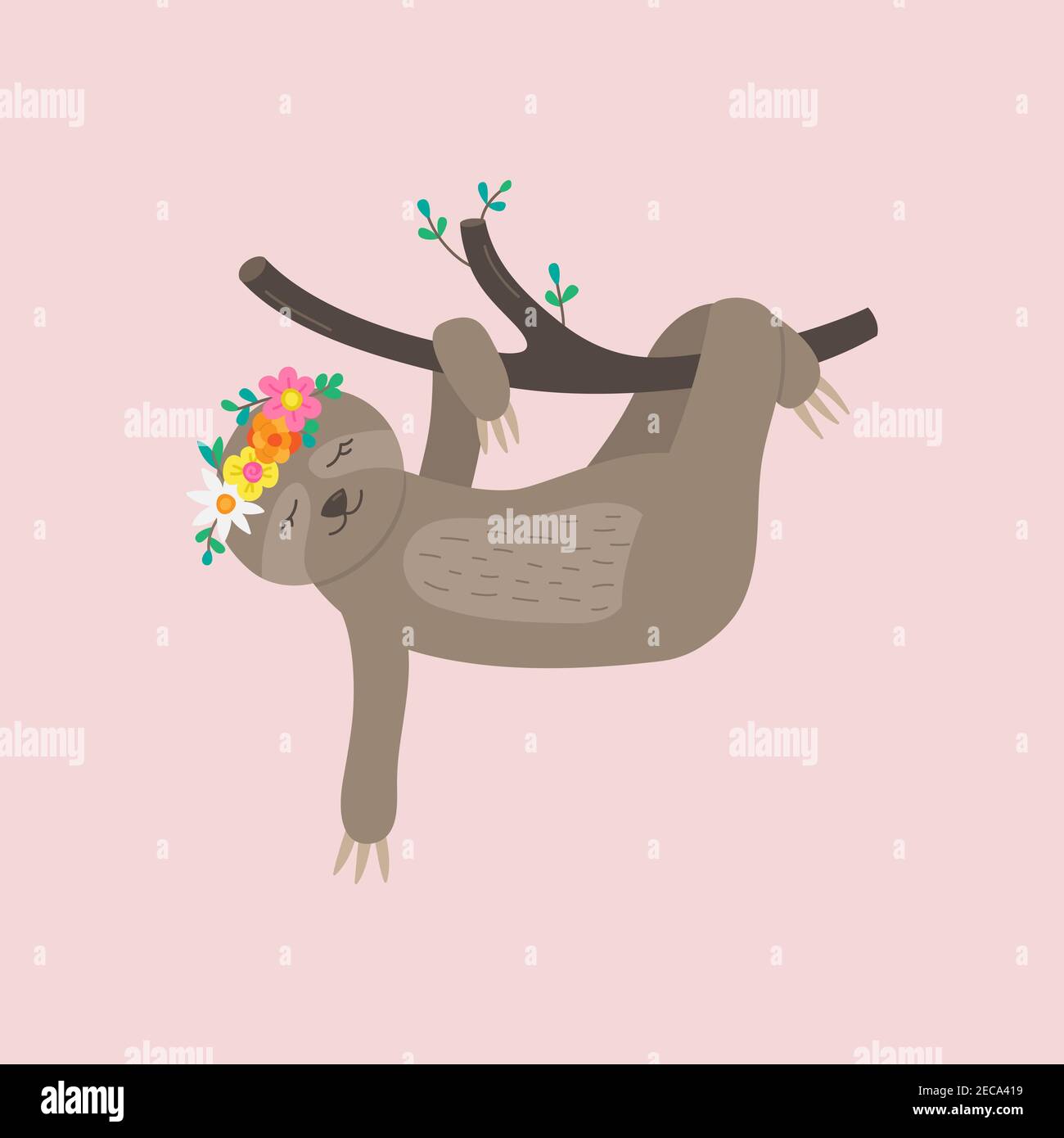 Cute sloth vector illustration. Hand drawn sloth animal with flower ...