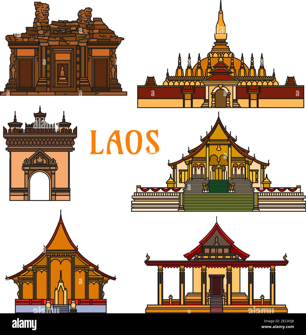 Historic buildings of Laos. Pha That Luang, Sisaket, Vat Phou, Patuxai ...