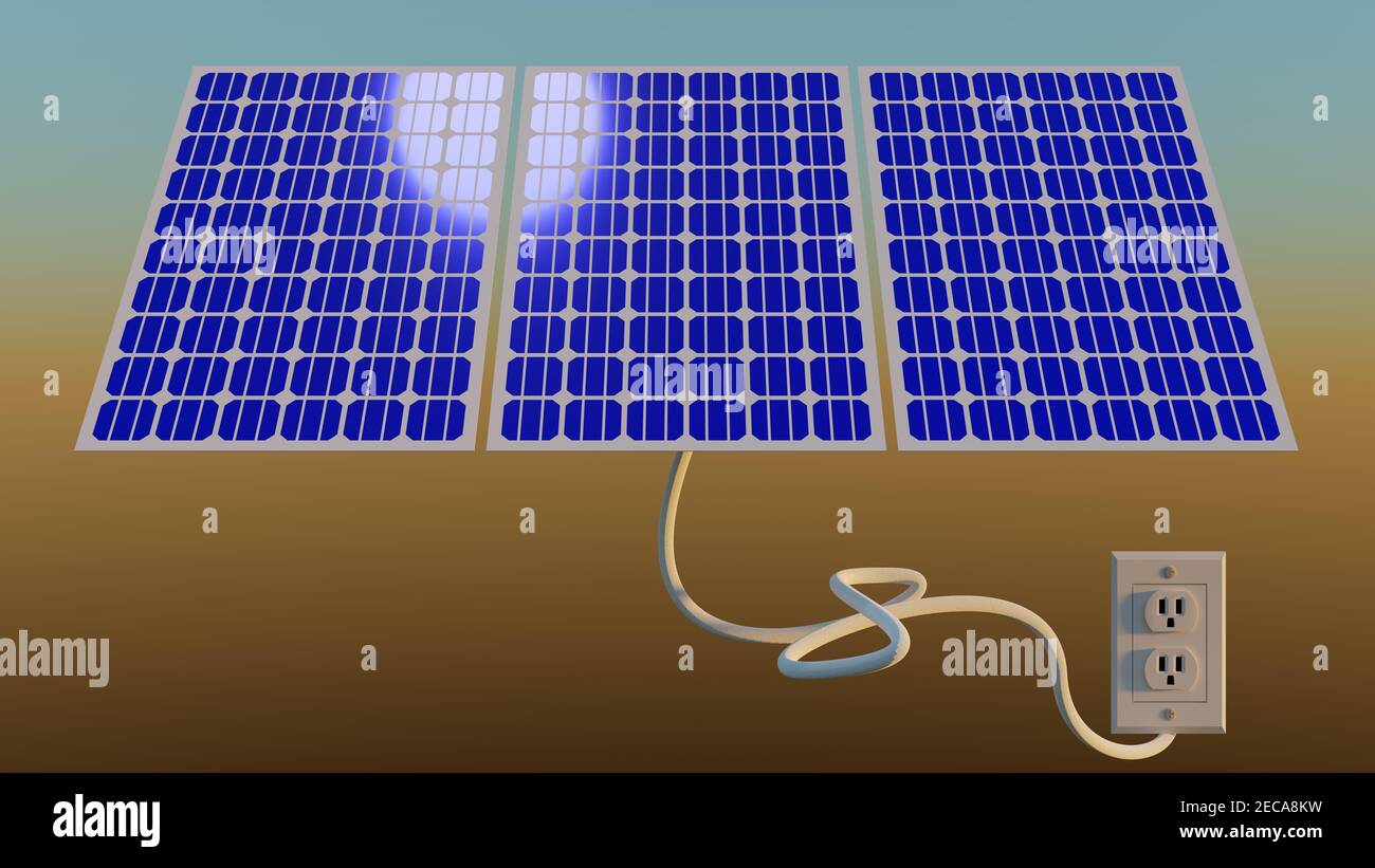 3D rendering of photovoltaic solar panels connected to a wall outlet ...