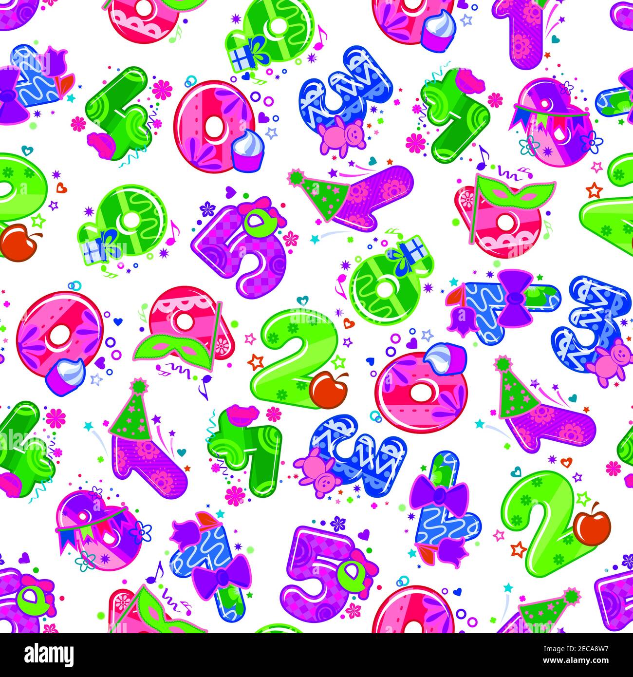 Birthday party background with cute cartoon age color numbers icons ...