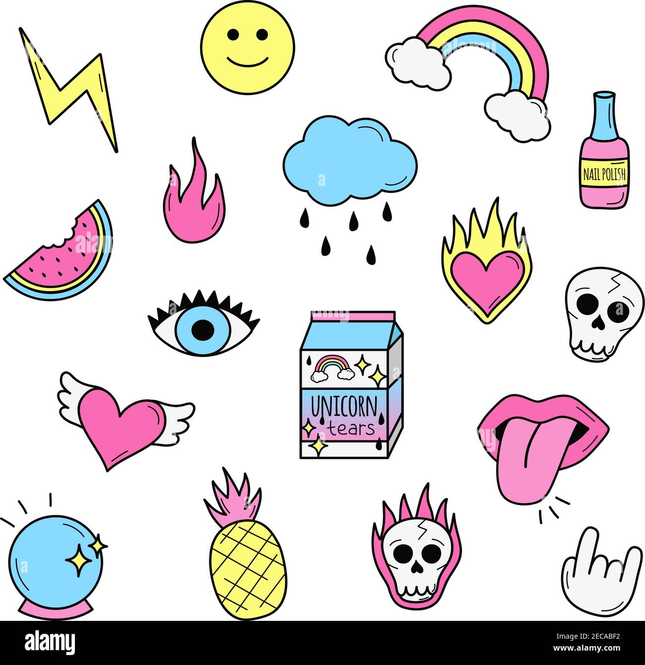 Stickers vector illustration set. Doodle hand drawn random icons in ...