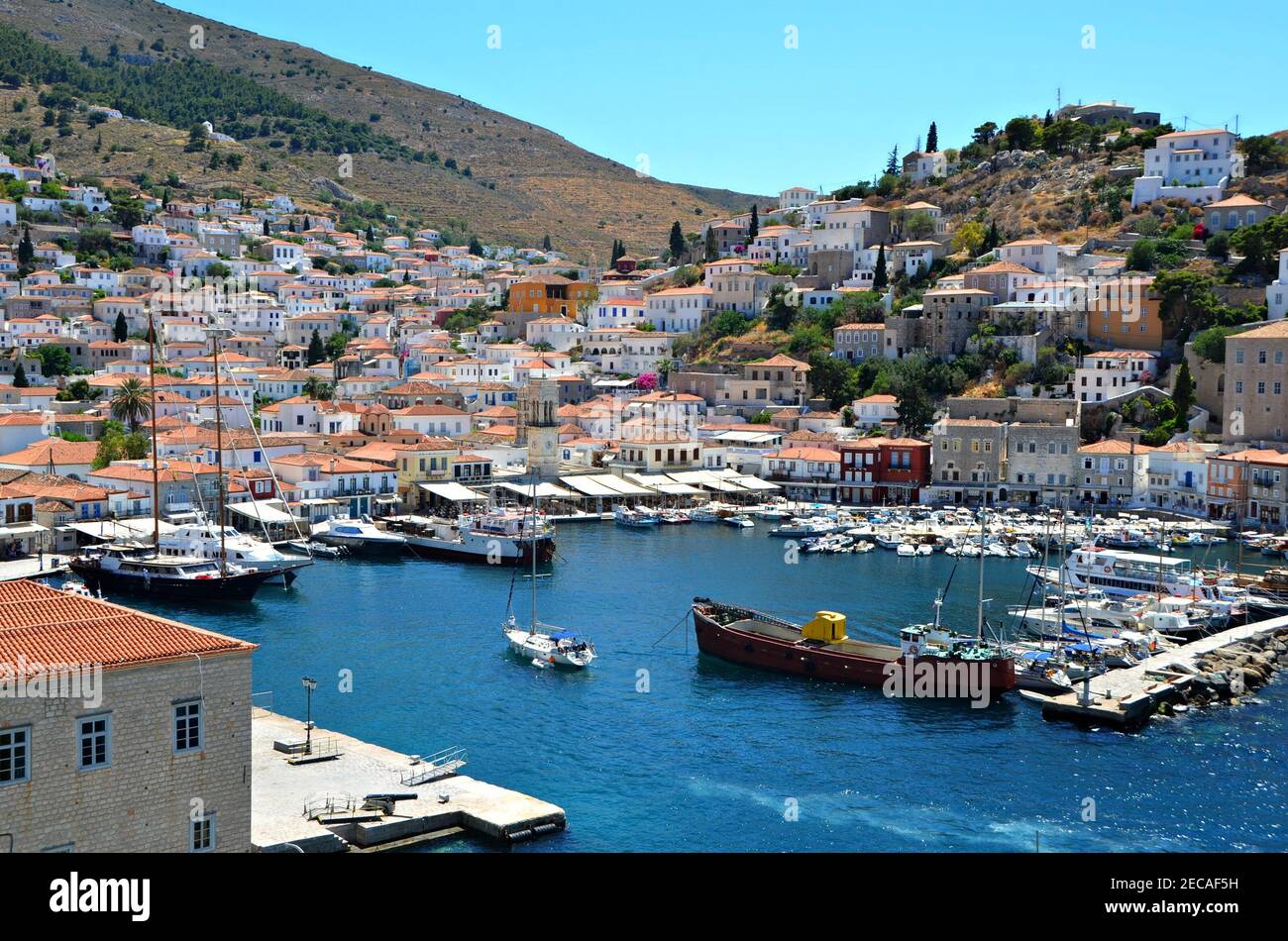 Landscape with panoramic view of Hydra port with the traditional ...