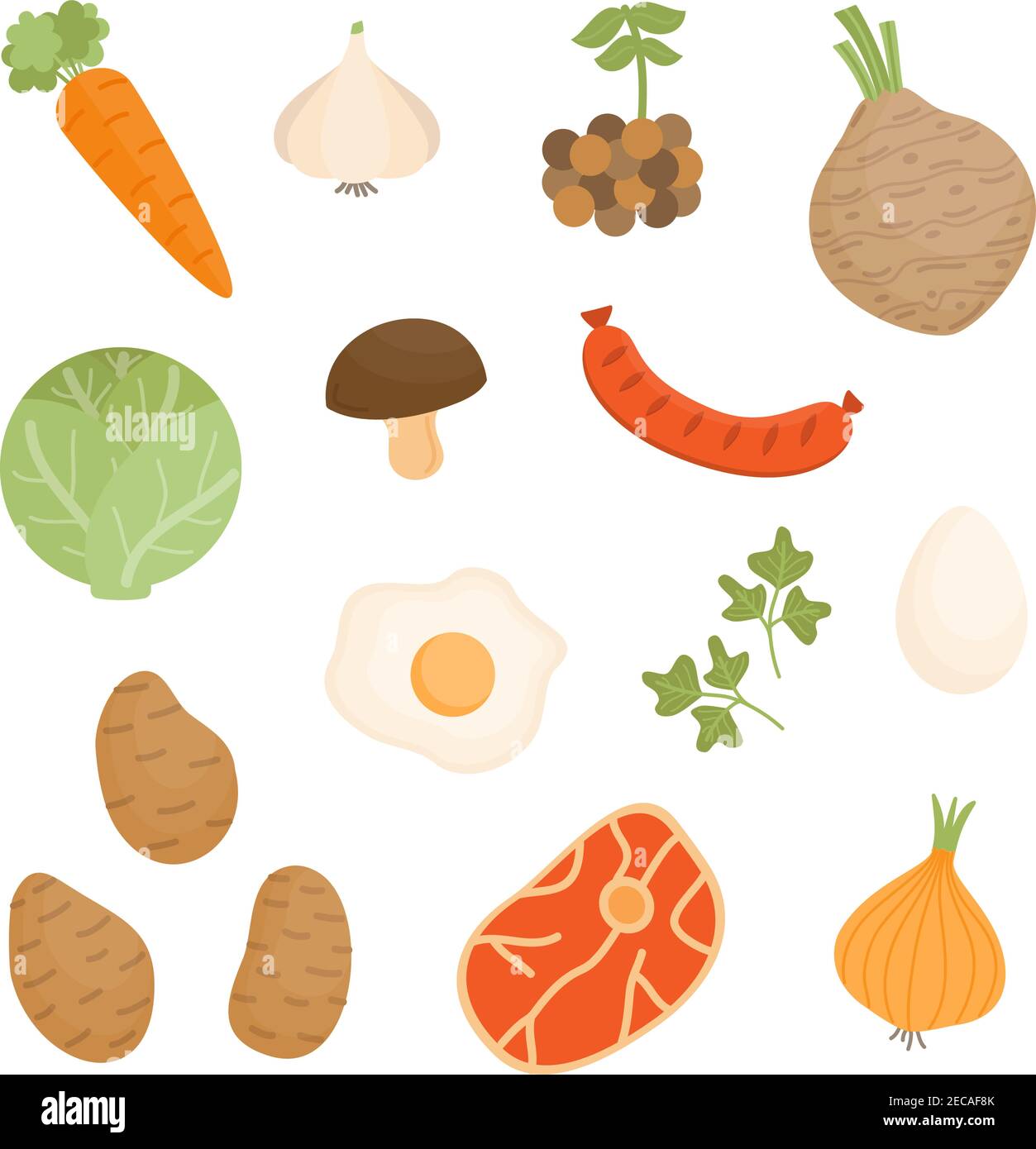 Soup vegetable, food mix vector illustration set. Root vegetable, meat ...