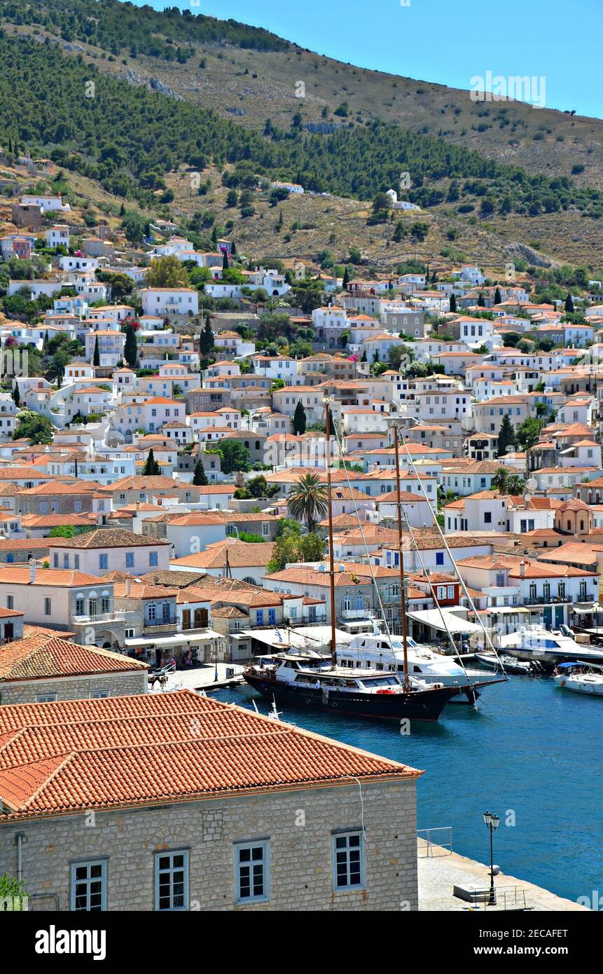 Landscape with panoramic view of Hydra port with the traditional ...