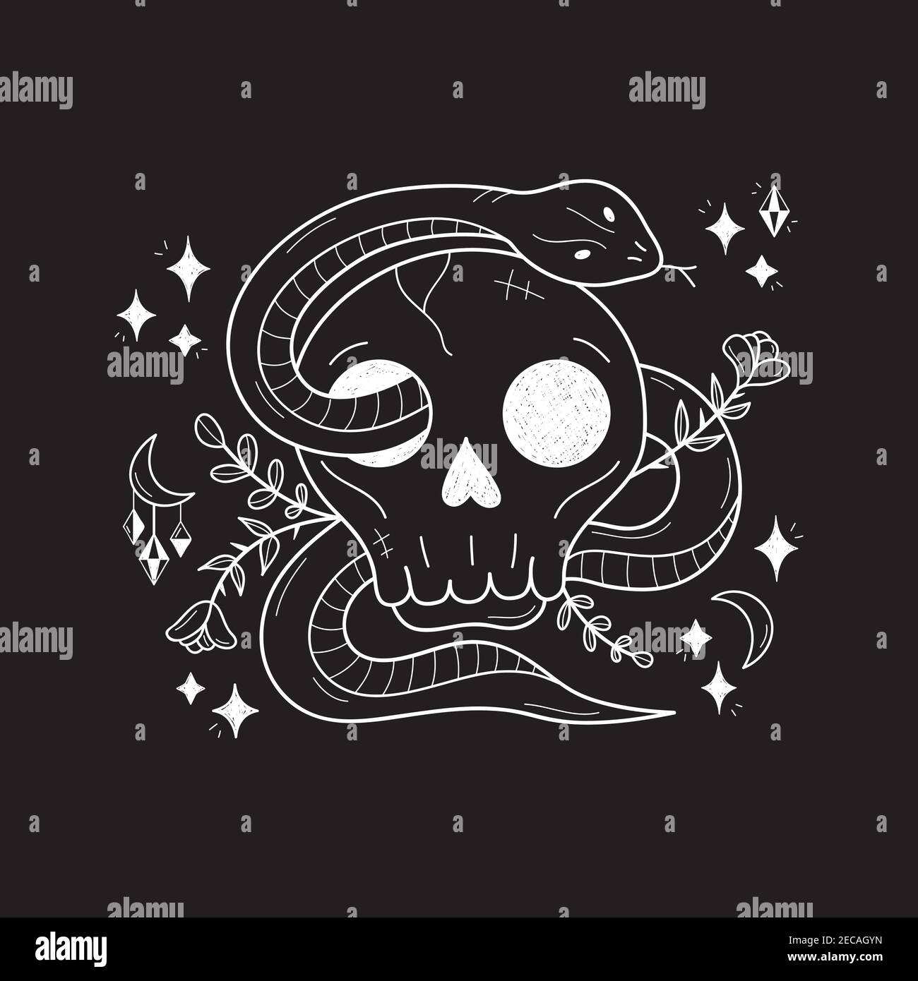 Magic skull with snake vector hand drawn illustration. Cool, magical ...