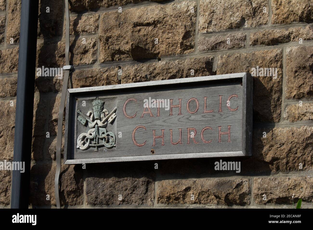 Catholic Church sign on a church in St Ives; North Cornwall; England ...