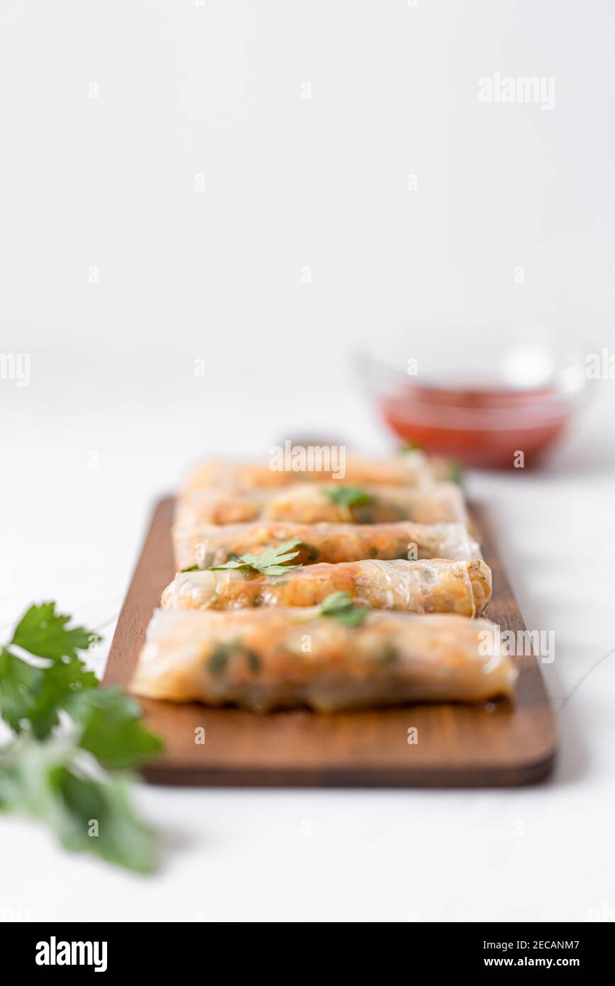 Vegetable Spring Rolls with Tomato Chili Dip, Flat Lay Stock Photo - Alamy
