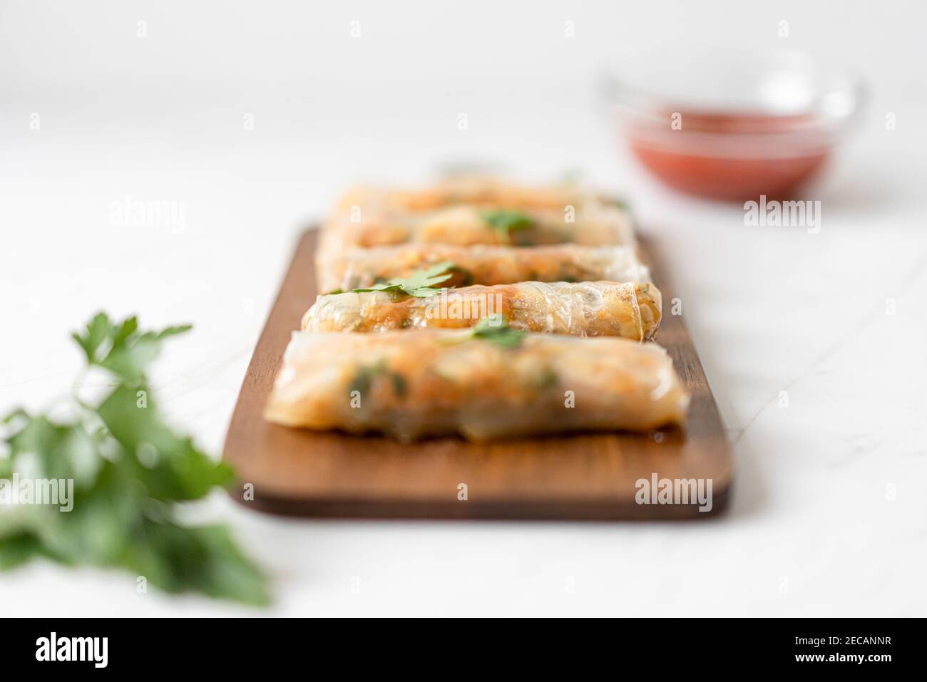 Vegetable Spring Rolls with Tomato Chili Dip, Flat Lay Stock Photo - Alamy