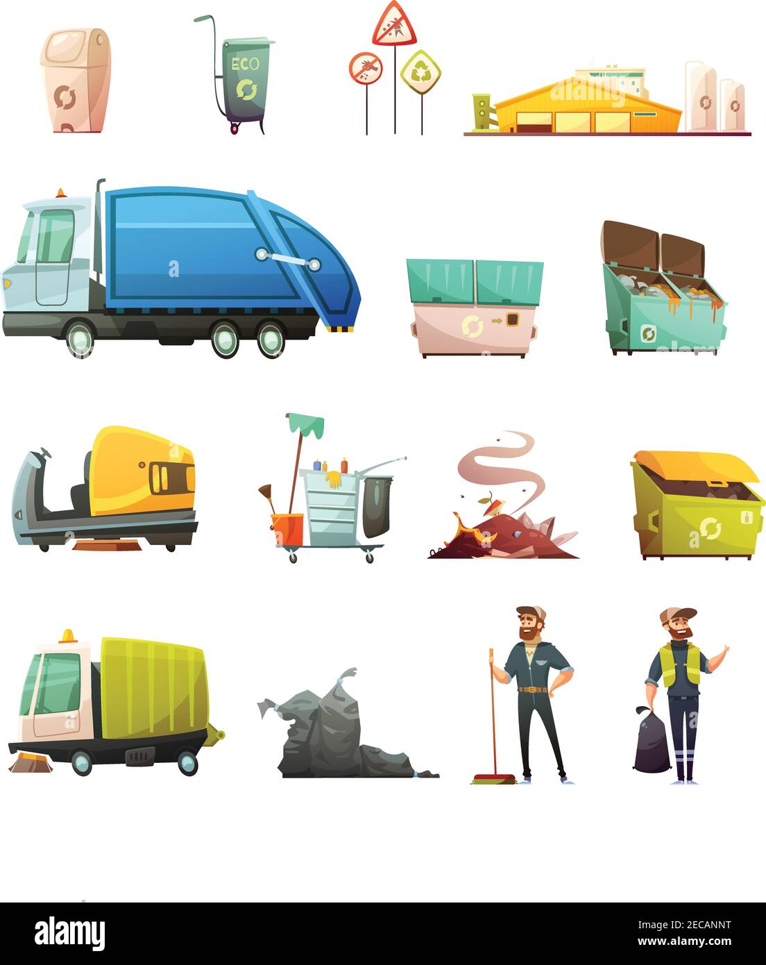 Garbage sorting and recycling process cartoon icons set with yard waste collecting in eco ...