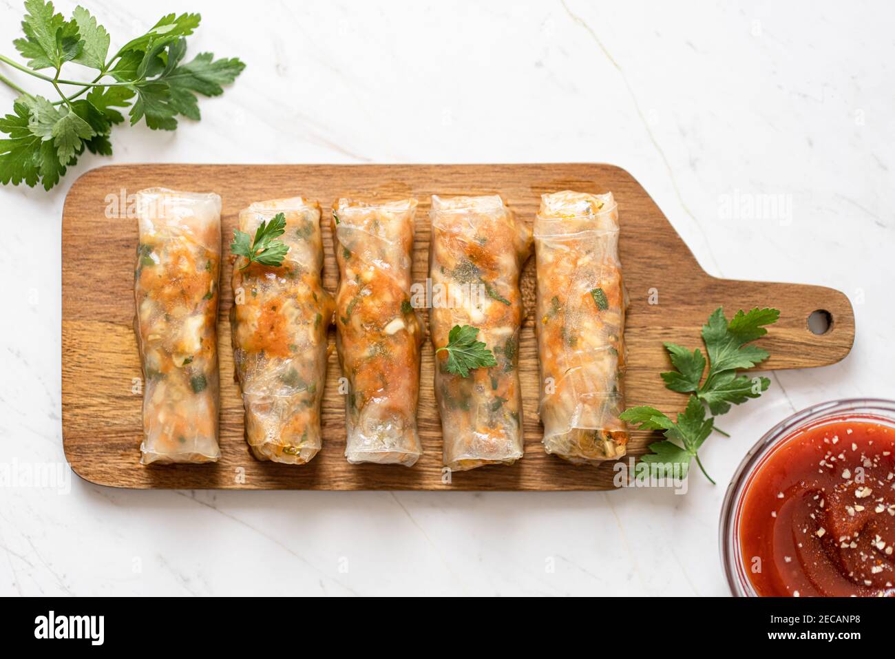 Vegetable Spring Rolls with Tomato Chili Dip, Flat Lay Stock Photo - Alamy