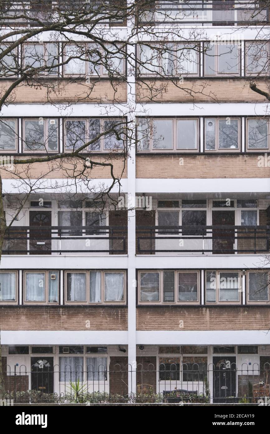 Facade of a modernist brutalist local authority maintained apartment ...