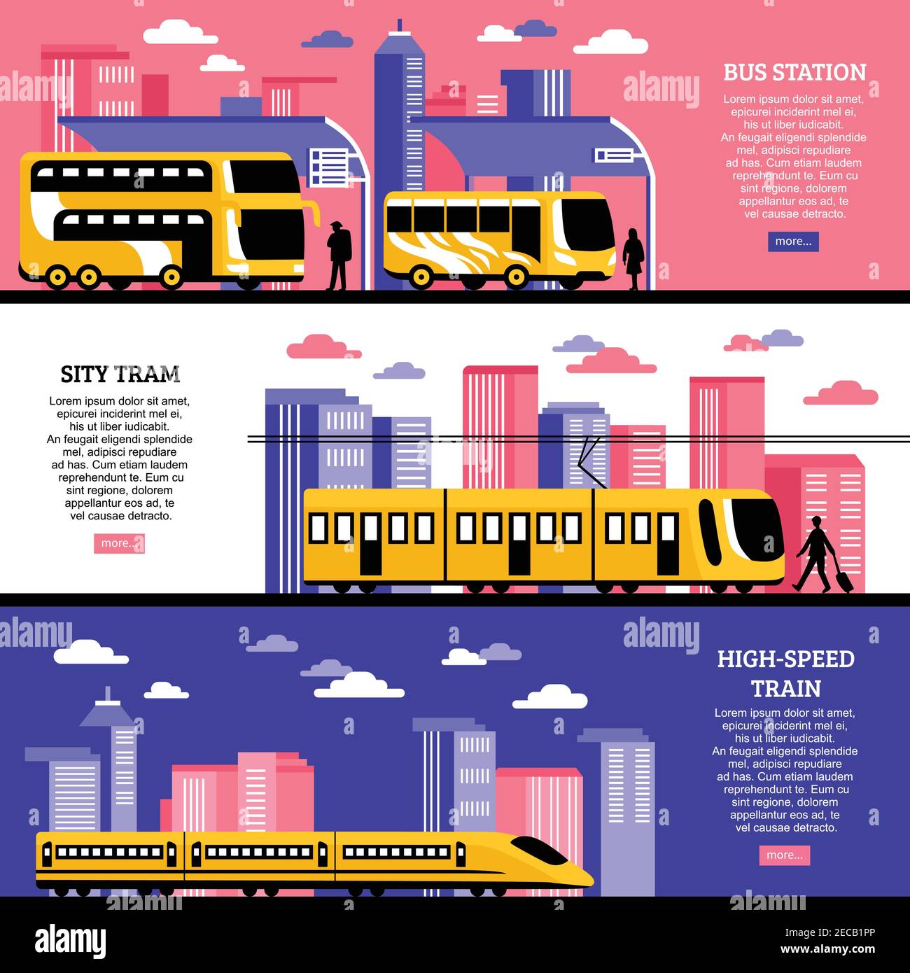 Set of horizontal banners in flat style with images of city tram bus ...