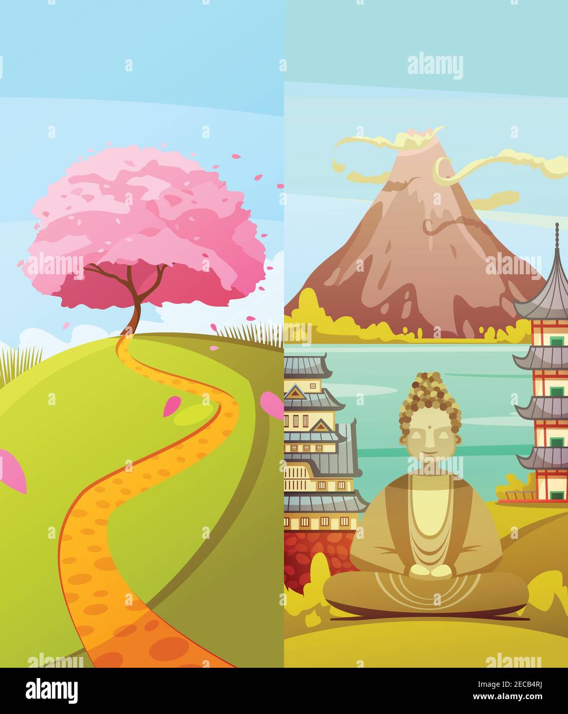 Japanese culture 2 vertical retro cartoon banners set with cherry ...