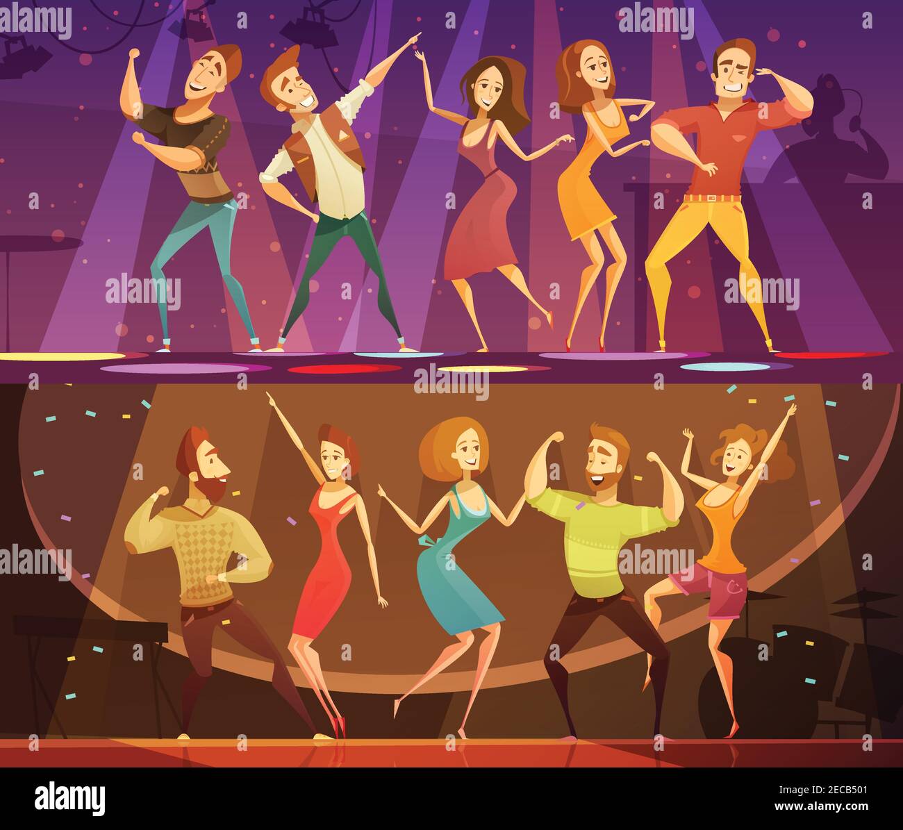 NIght club disco party free motion modern dancing 2 horizontal cartoon ...