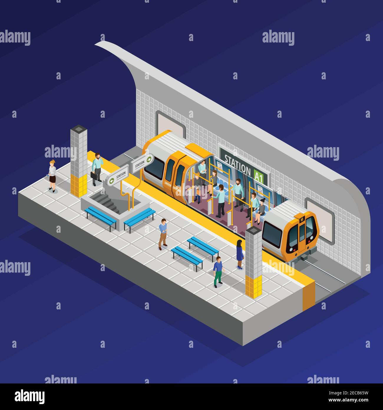 Underground station isometric concept with train and people on blue ...