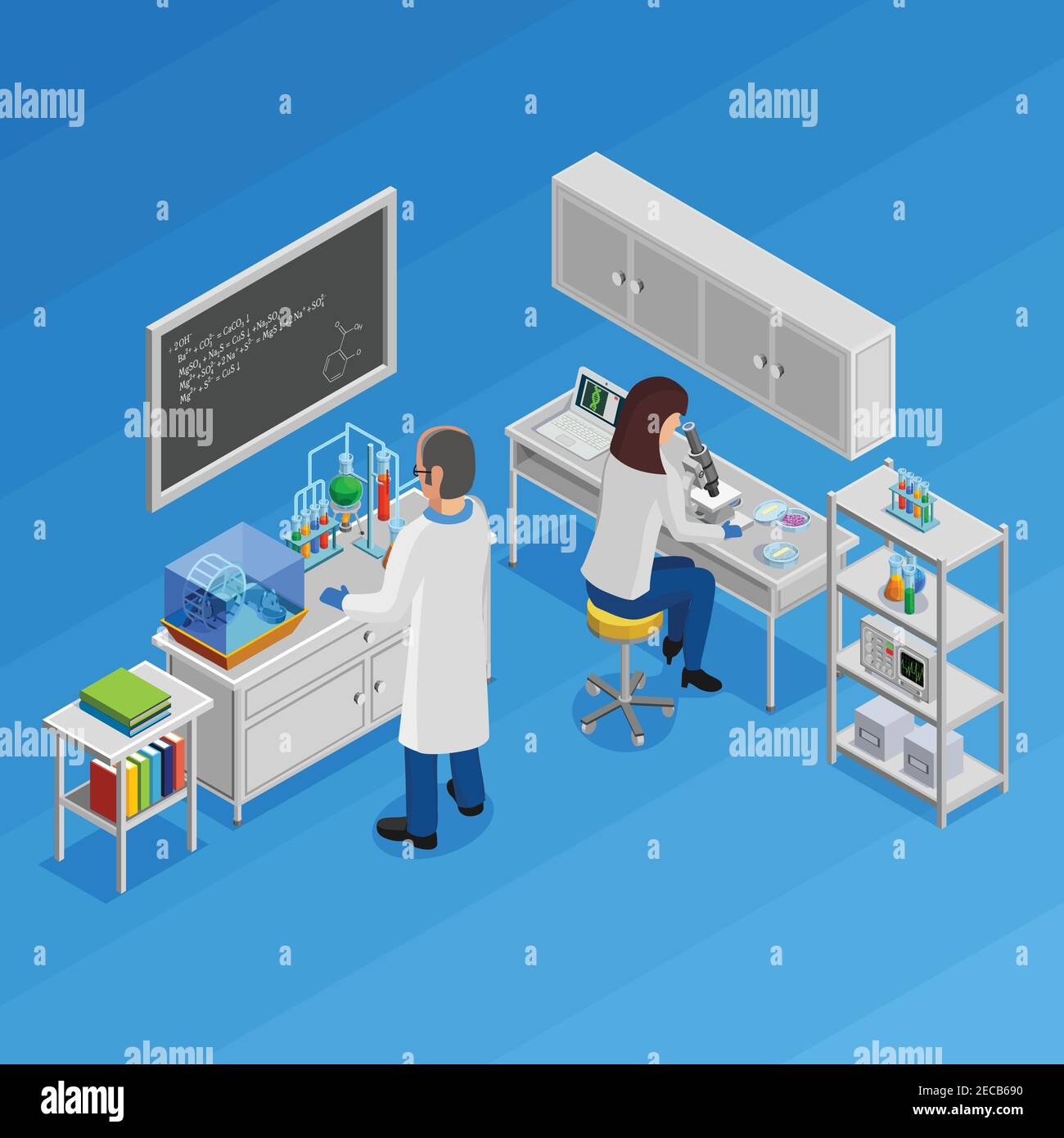 Science isometric concept with laboratory symbols on blue background ...