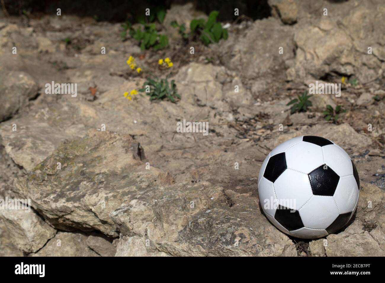Football and the dark stone. Ball is situated on the rock Stock Photo ...