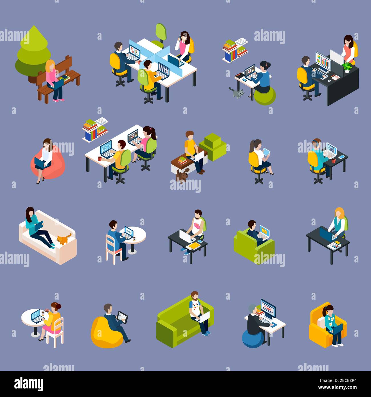 Coworking freelance people isometric icons set with work symbols ...