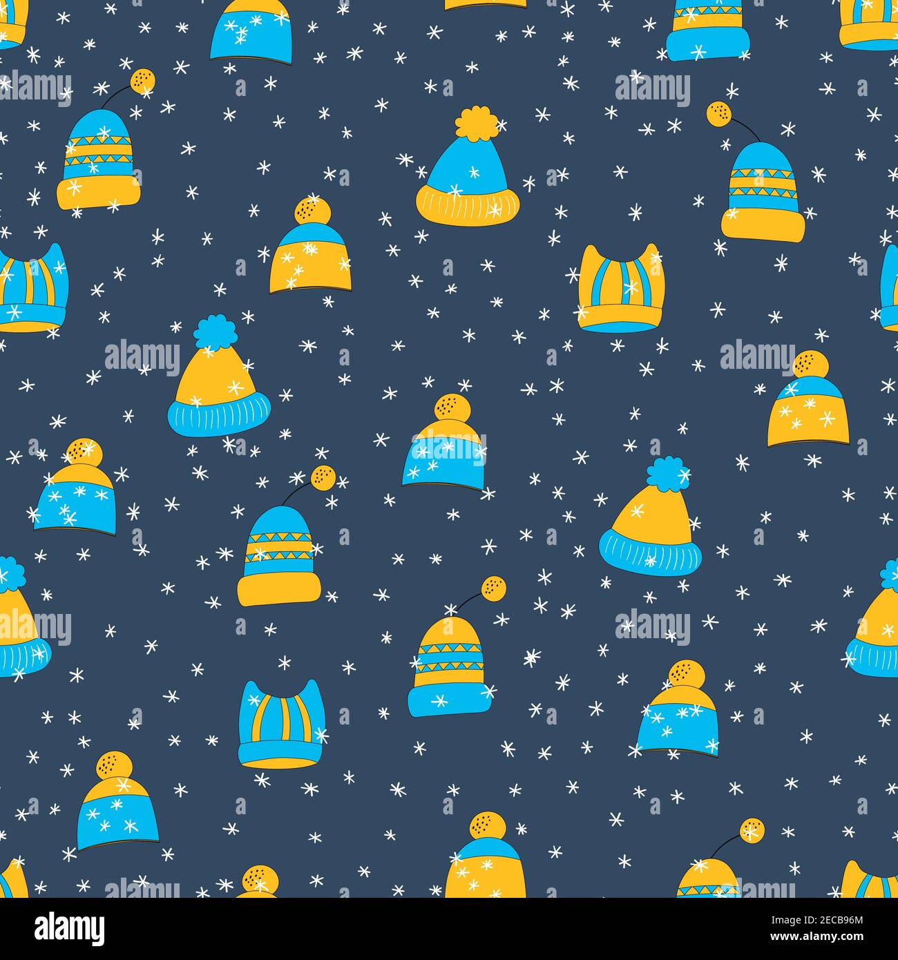 Winter seamless pattern with winter hats on blue background. Cute ...