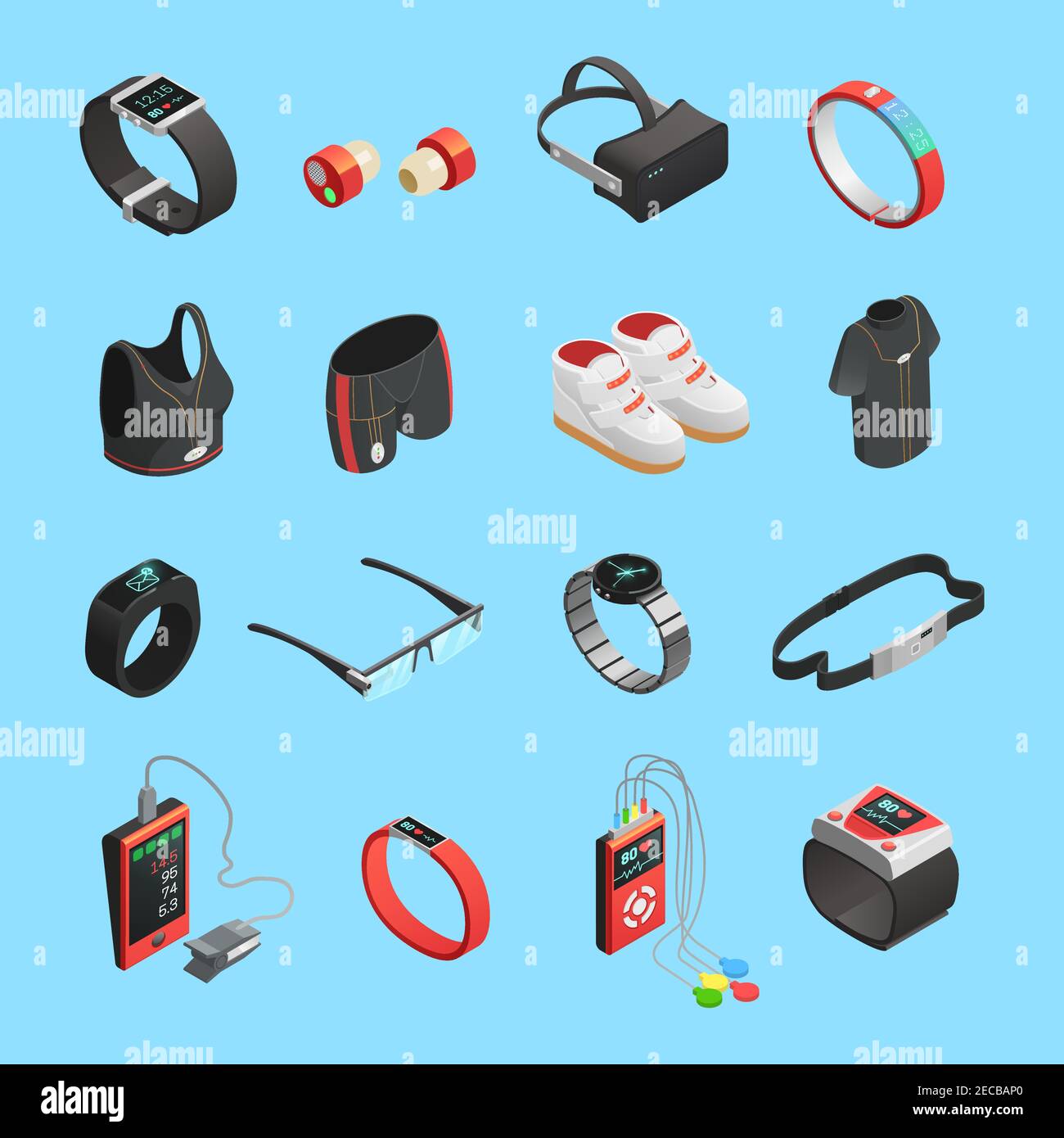 Wearable technology isometric icons set with portable digital devices ...