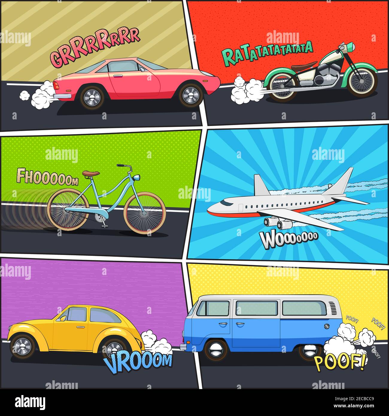 Moving car bicycle motorcycle van and airplane in comic frames with ...