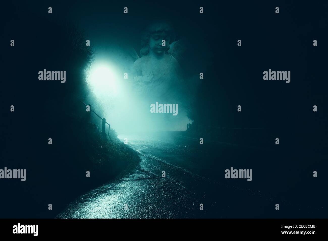 A ghostly statue of a graveyard angel. Floating over on an atmospheric ...