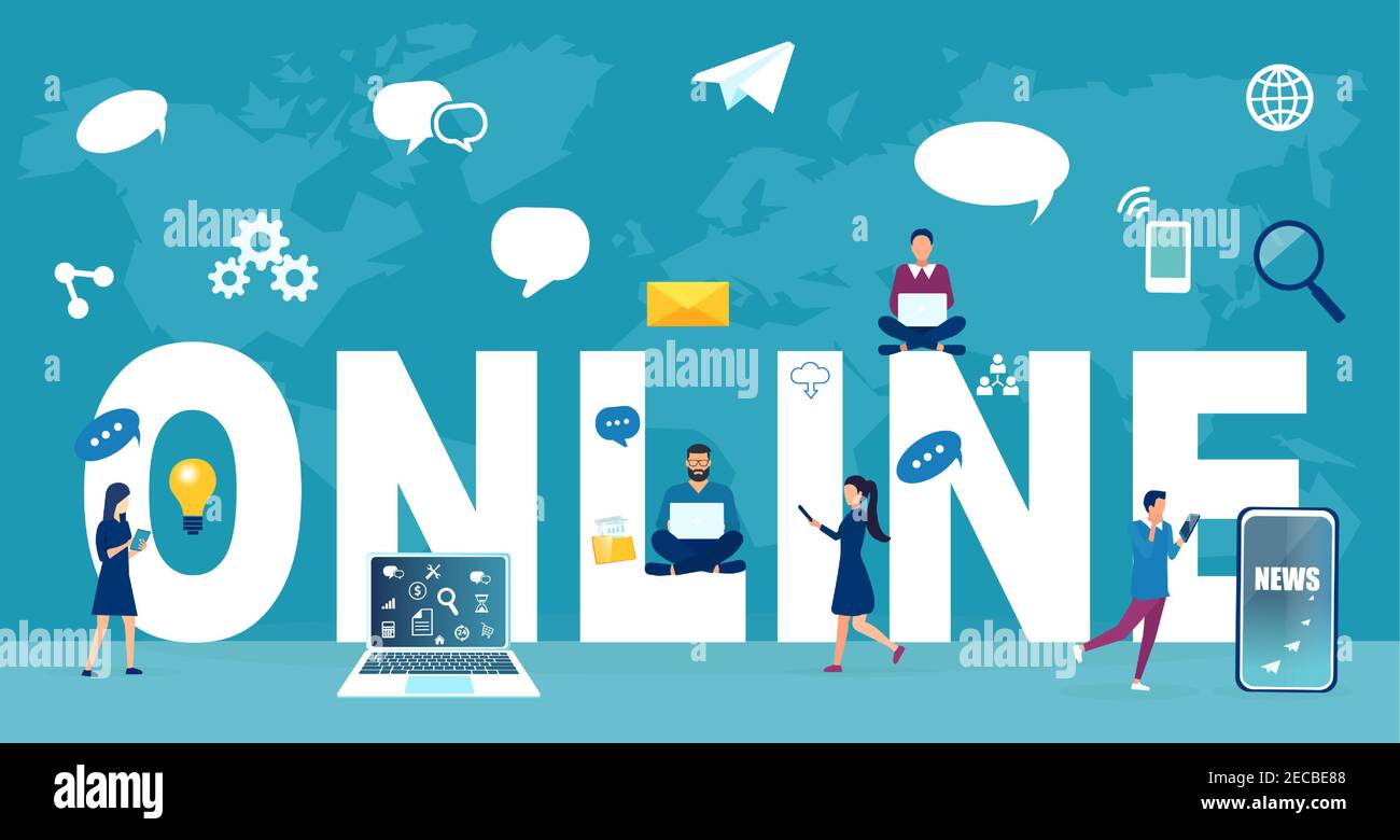 Vector of young people communicating online, browsing Internet using ...