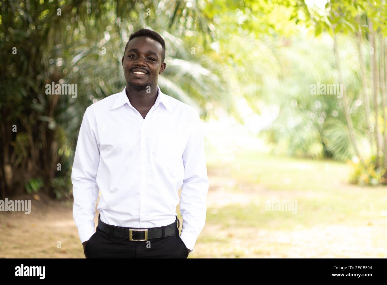 Smile african man wearing smart white shirt standing in the green ...