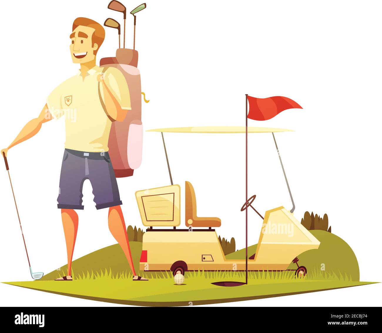 Golf player on course with bag cart and pin red flag near hole retro ...