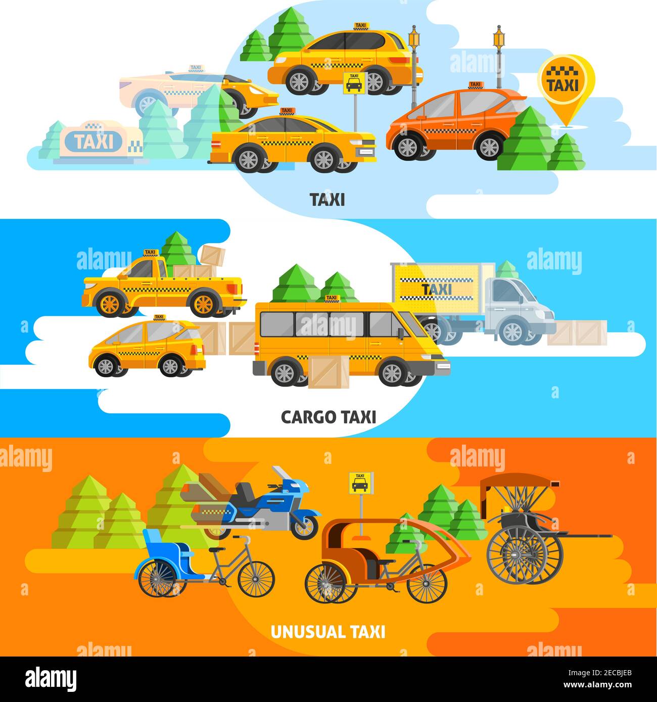 Taxi service horizontal banners with vehicles of land transport in flat ...