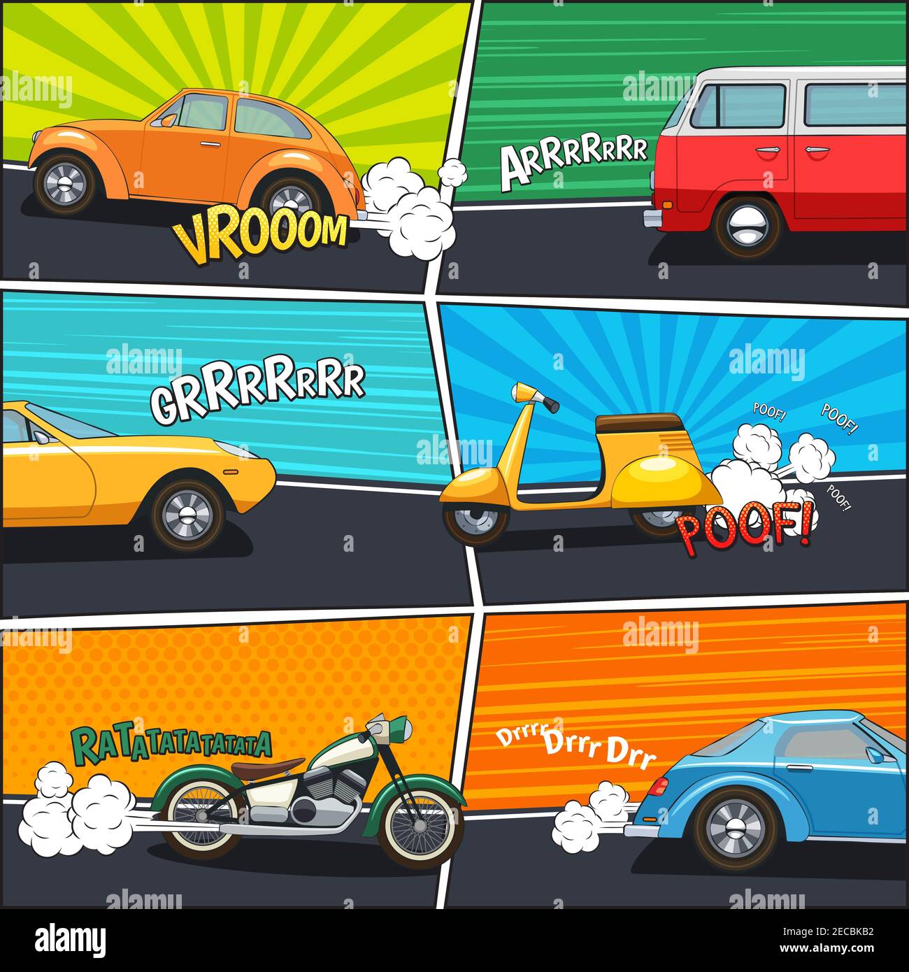 Transport comic frames with moving cars van motorcycle and scooter on ...