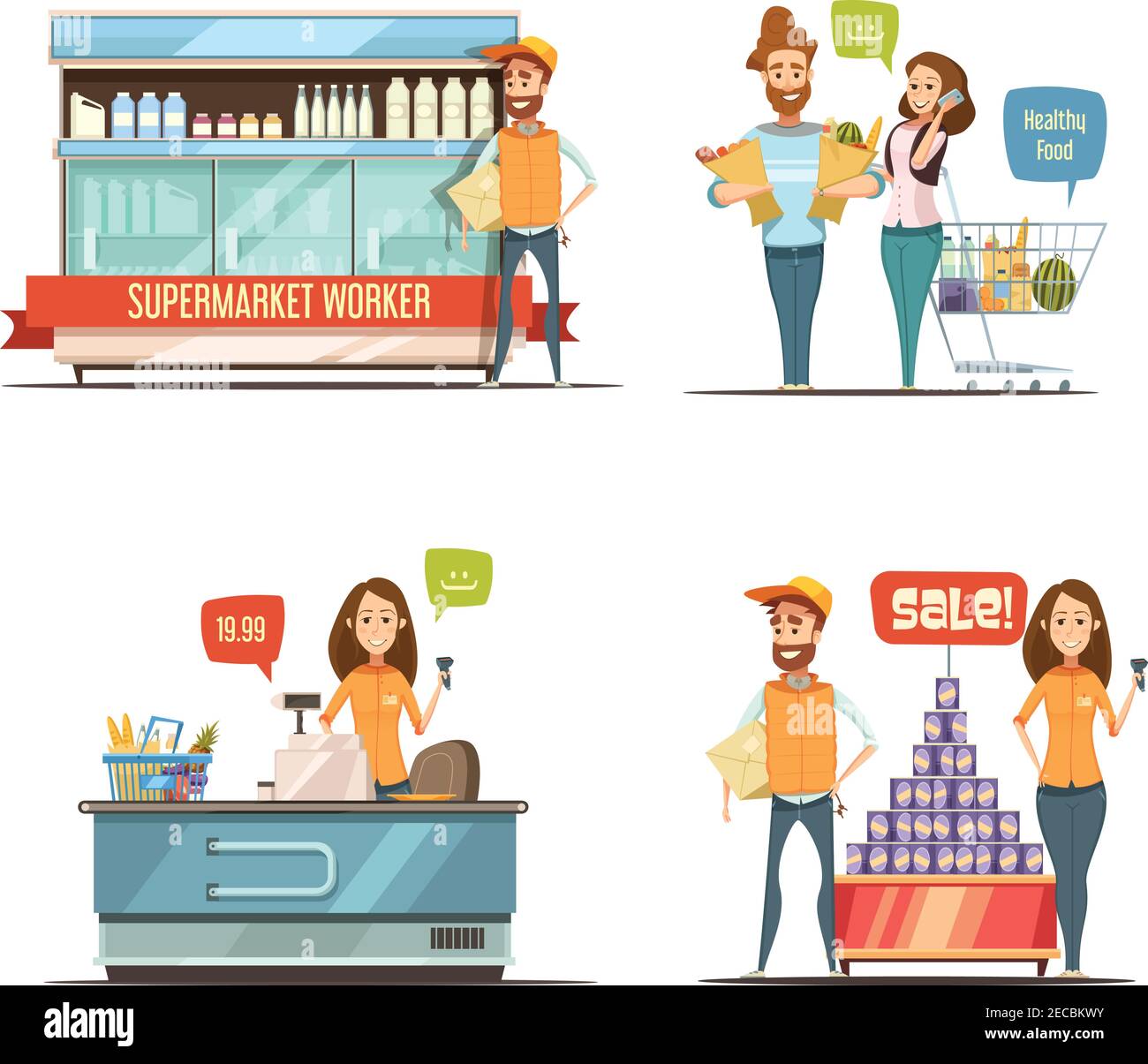 Shopping in supermarket retro cartoon icons collection with grocery ...