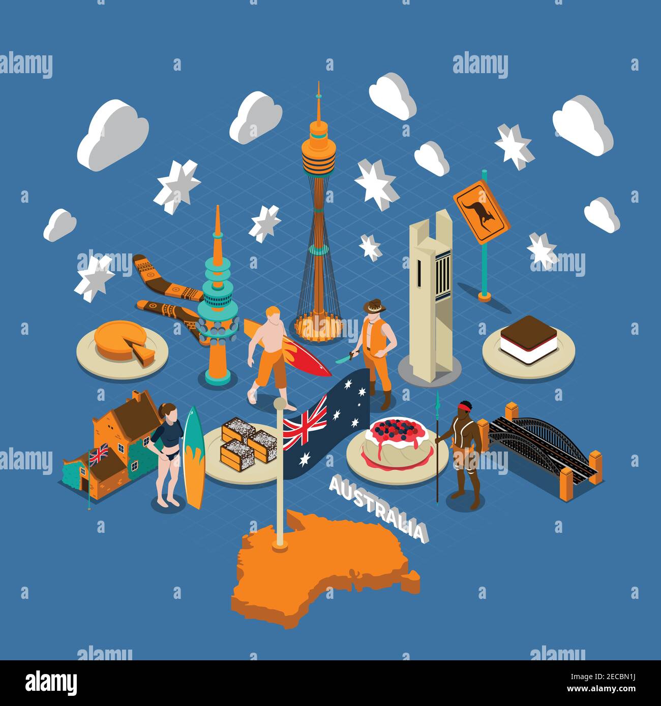 Australian national cultural isometric symbols composition with map ...